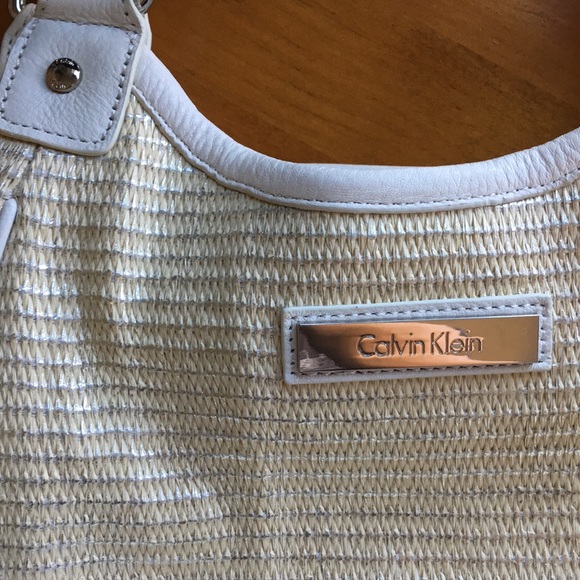 Calvin Klein | Bags | Calvin Klein Tan And White Straw Satchel Purse ...